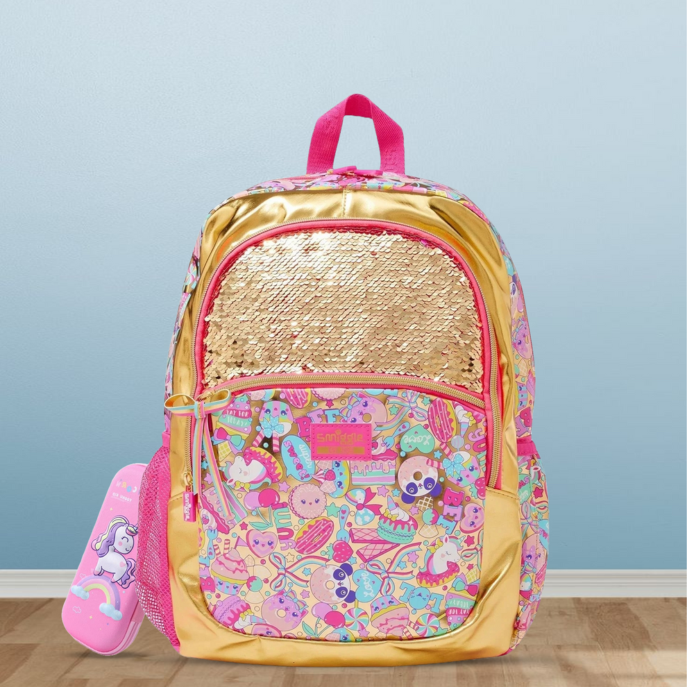 Smiggle - 16 inch Premium 20th anniversary gold sequin Backpack – Kidspark
